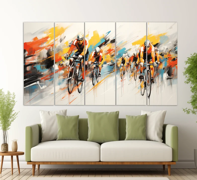 Abstract Cycling Canvas Print in an Oil Painting Style, Cycling Wall A ...